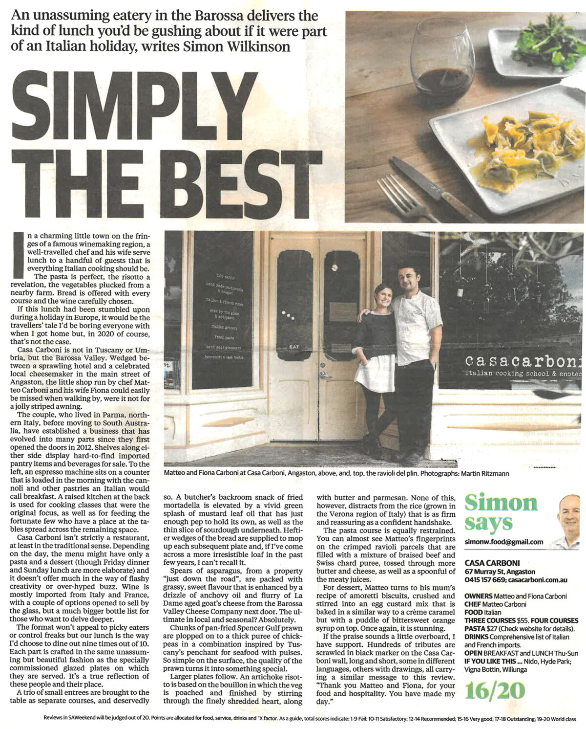Adelaide Advertiser SA Weekend Review - Casa Carboni